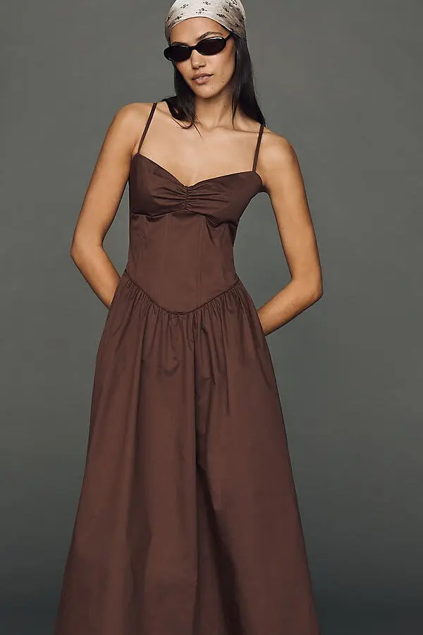 MARE MARE 100% Cotton A-line Midi Dress - Brown