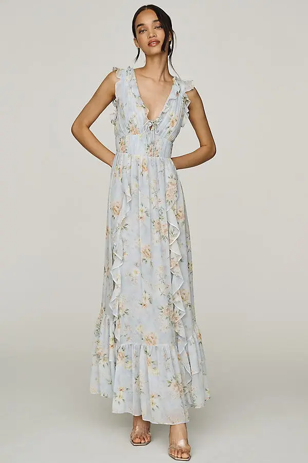 Astr The Label Kindra Ruffle Maxi Dress - Light Blue Floral