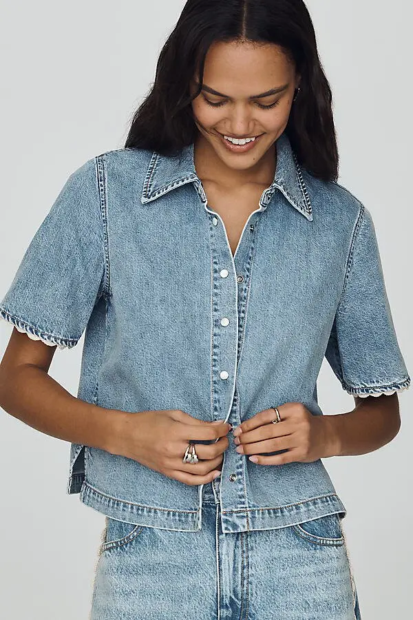 FRAME Denim Crochet Trimmed Sleeve Top