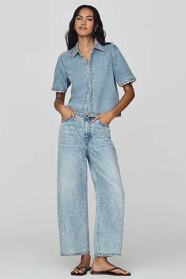 FRAME Denim Crochet Trimmed Sleeve Top