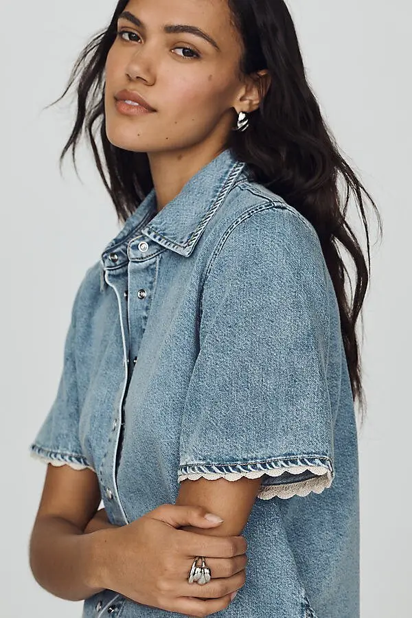 FRAME Denim Crochet Trimmed Sleeve Top