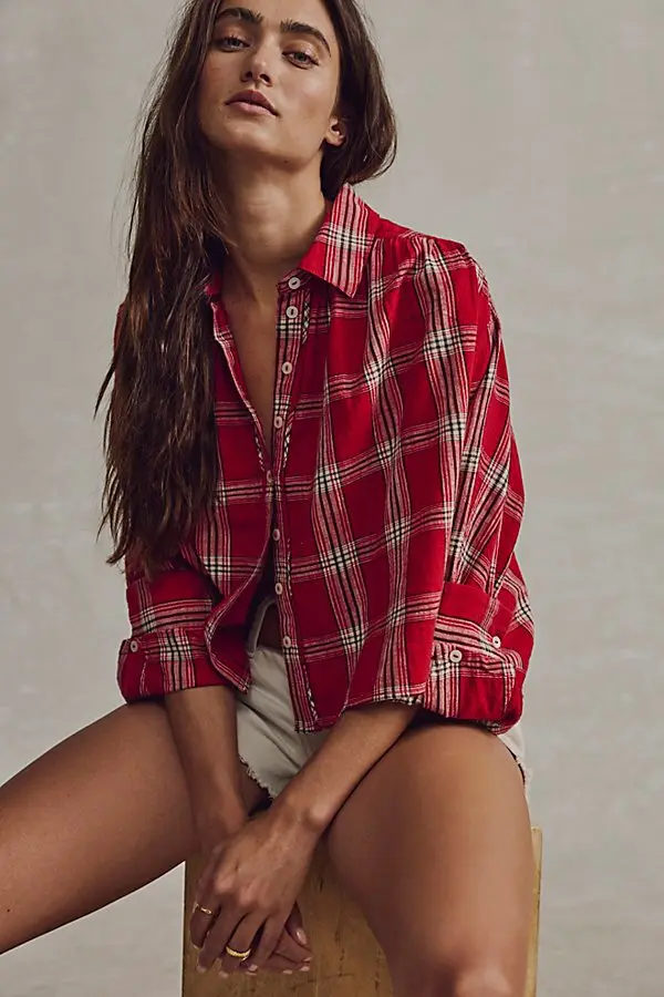 Free People We The Free Mira Plaid Top - Red Combo