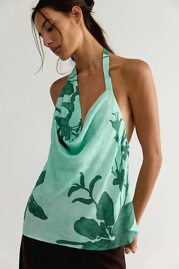 Free People Amalina Printed Halter Top - Aqua Combo