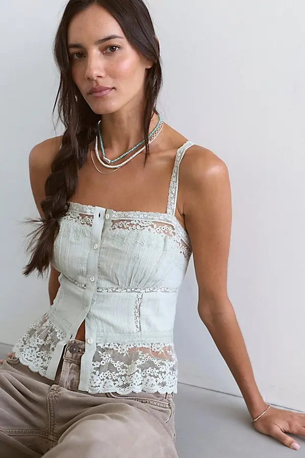 Free People Alessandra Lace Trim Button-front Top - Sea Foam