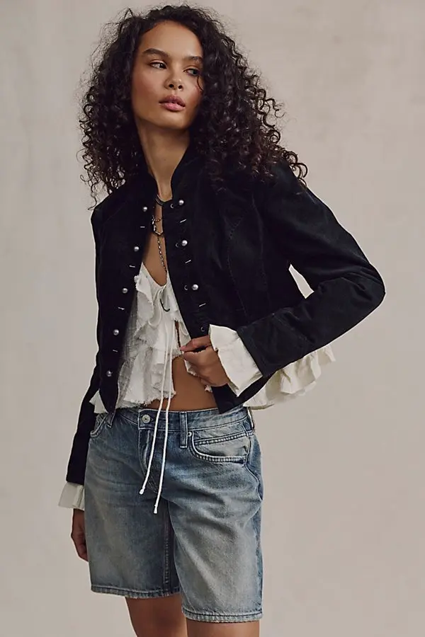 Free People Cloud Nine Ruffle Cadet Jacket - Black