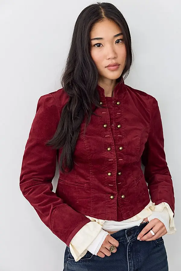 Free People Cloud Nine Ruffle Jacket - Cabernet Combo