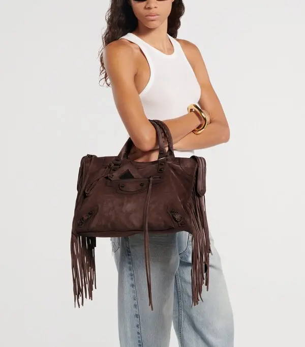 Balenciaga Medium Suede Fringe Le City Top-handle Bag