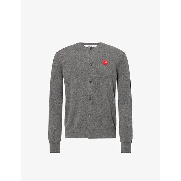 Play Comme Des Garcon Heart-embroidered Wool Cardigan - Med Gray