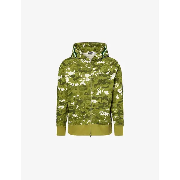 A BATHING APE Pixel-camo Shark-appliqué Cotton Hoody - Green