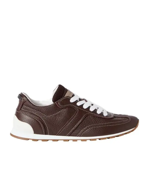 Brunello Cucinelli Grained Soft Leather Runners With Shiny Loops - Brown