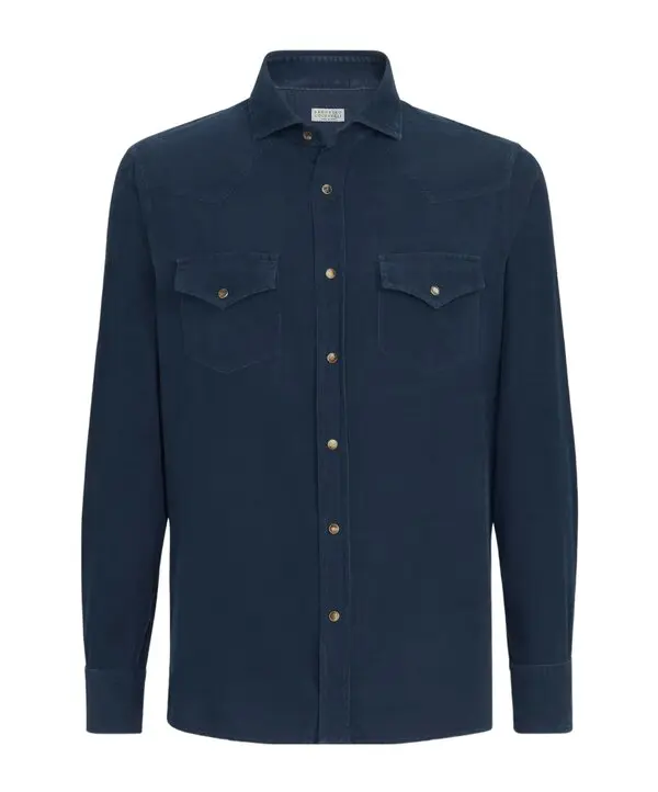 Brunello Cucinelli Garment-dyed Easy-fit Western Shirt In Narrow-wale Corduroy - Blue