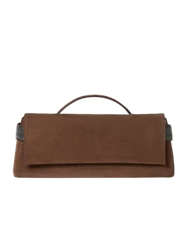 Brunello Cucinelli Suede Clutch Bag With Precious Bands - Caramel