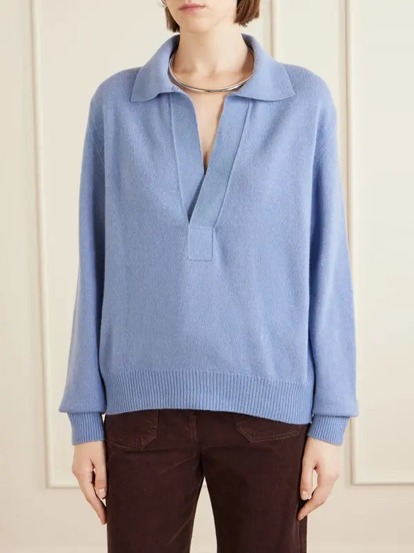 Victoria Beckham Genevieve Wool And Cashmere Blend Polo Shirt - Light Blue