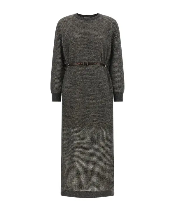 Brunello Cucinelli Monile Belted Mesh-knit Midi Dress - Grey