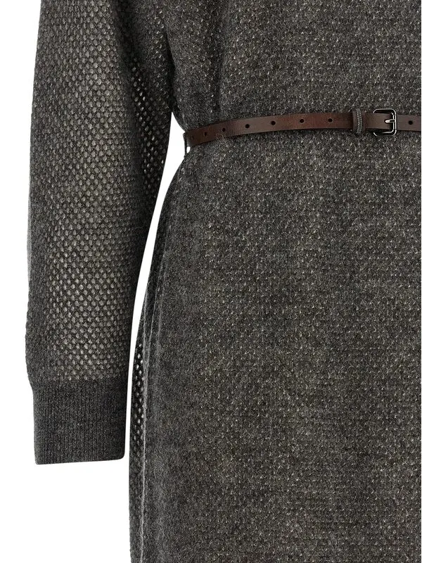 Brunello Cucinelli Monile Belted Mesh-knit Midi Dress