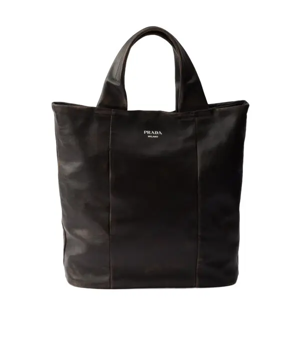 Prada Distressed Nappa Leather Tote Bag - Dark Brown