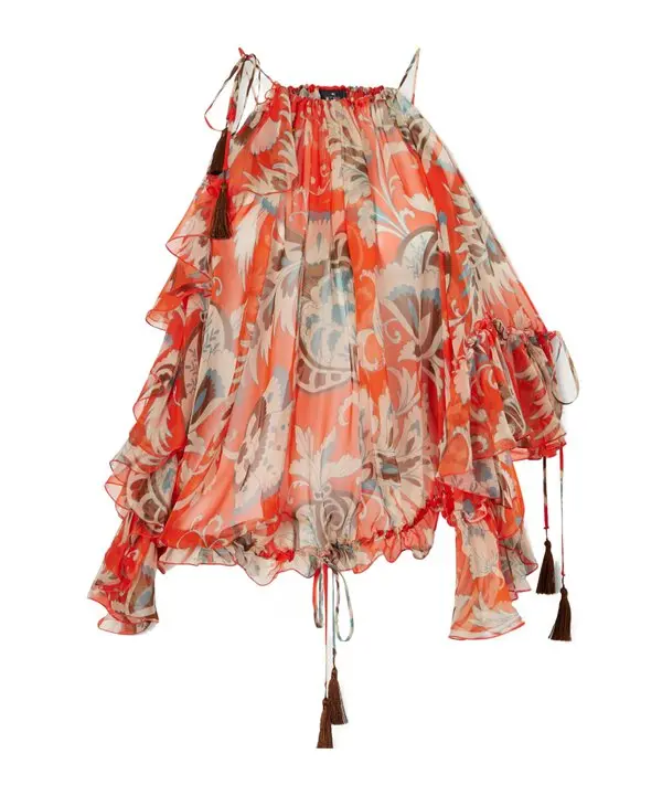 Etro Off-the-shoulder Asymmetrical Tassel Ruffle Print Shirt - Nude
