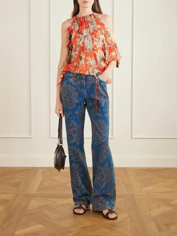 Etro Off-the-shoulder Asymmetrical Tassel Ruffle Print Shirt