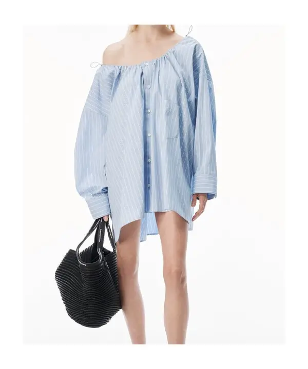 Alexander Wang Bungee Scoop Neck Mini Shirt Dress - Light Blue Stripe