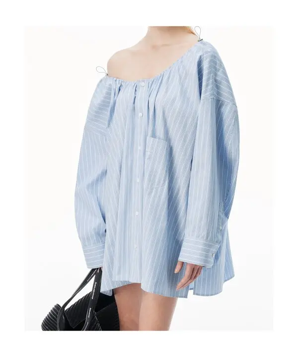 Alexander Wang Bungee Scoop Neck Mini Shirt Dress - Light Blue Stripe