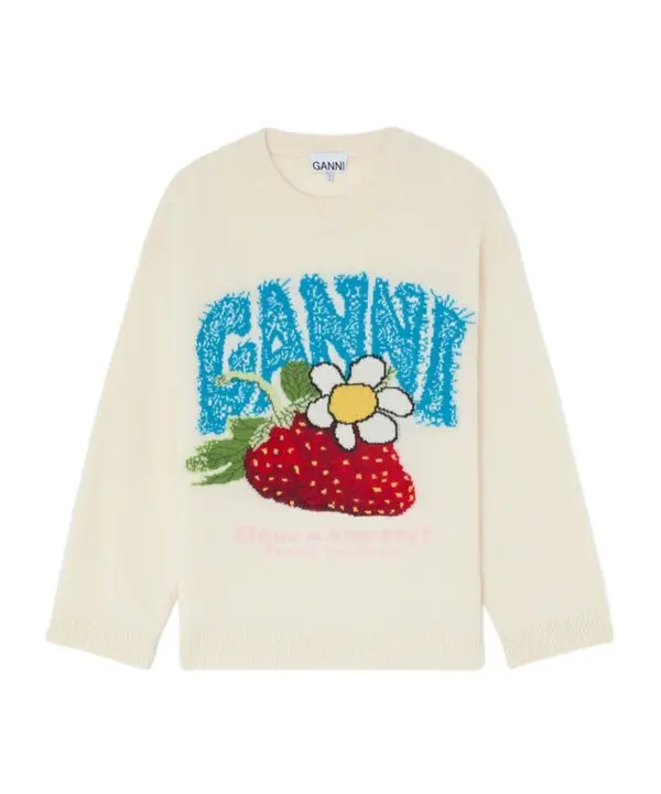 GANNI Strawberry Print Oversized Jumper - Egret