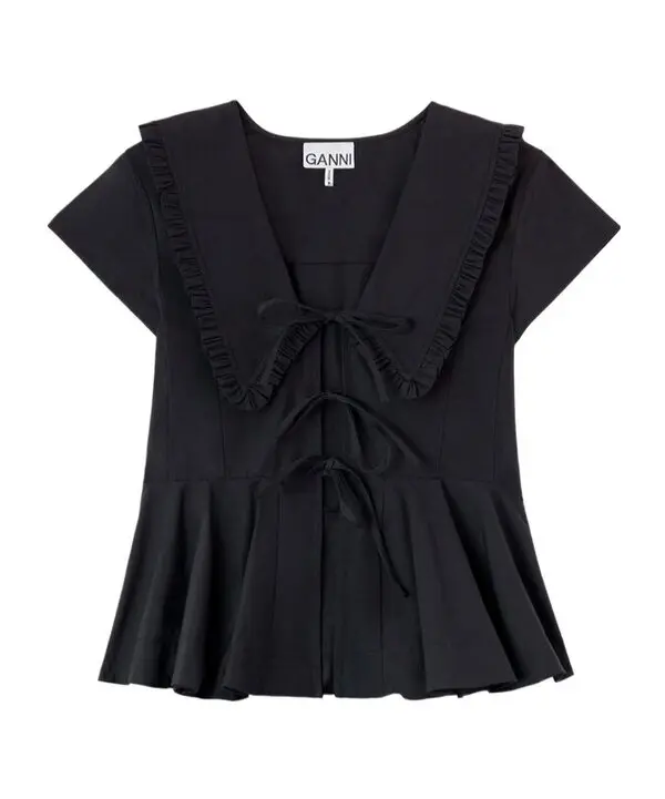 GANNI Ruffled Peplum Poplin Top - Black