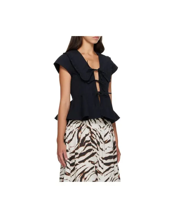 GANNI Ruffled Peplum Poplin Top - Black