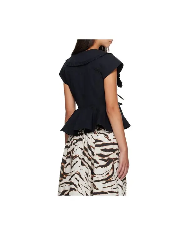 GANNI Ruffled Peplum Poplin Top - Black