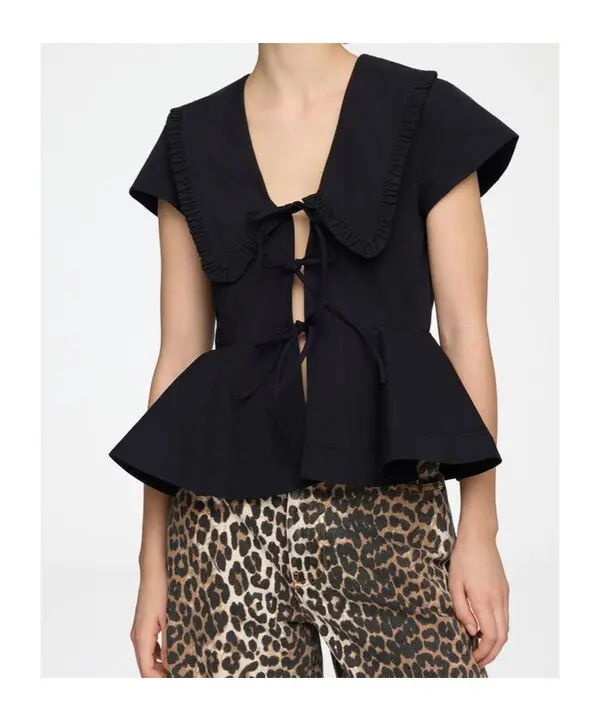 GANNI Ruffled Peplum Poplin Top - Black
