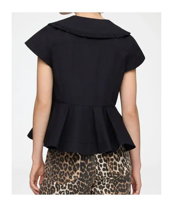 GANNI Ruffled Peplum Poplin Top - Black