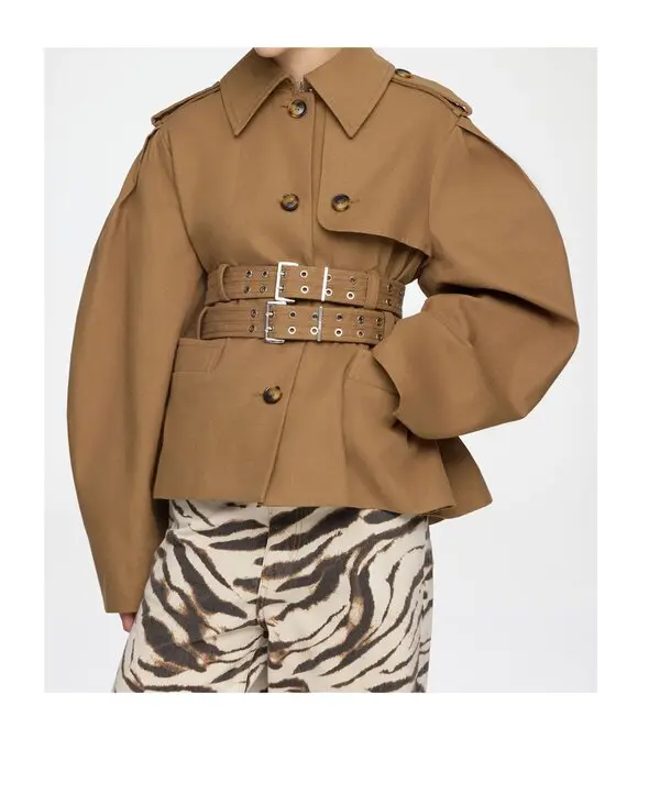 GANNI Belted Puff Sleeve Jacket - Brown