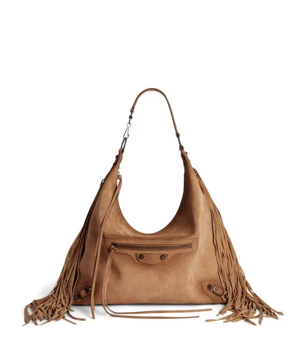 Balenciaga Suede Fringe Le City Shoulder Bag - Brown