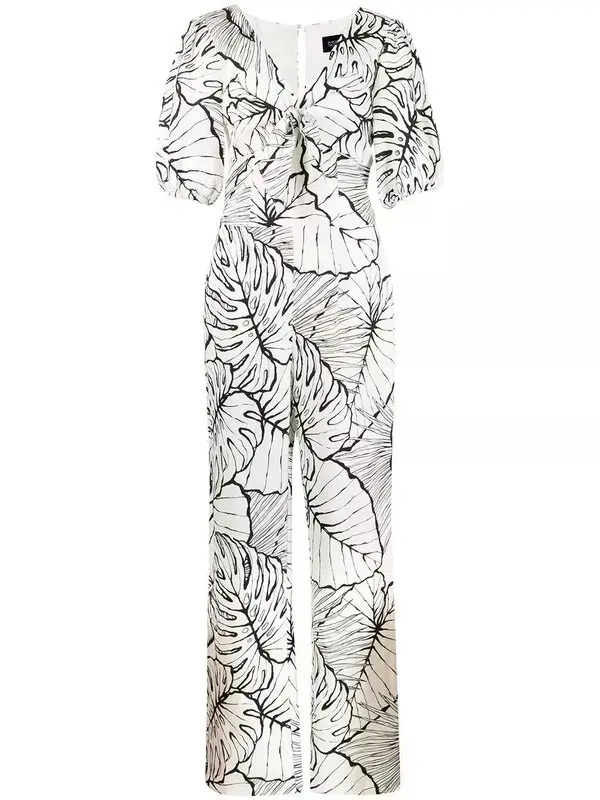 Marchesa White Linen-blend Leaf-print Jumpsuit - Neutrals