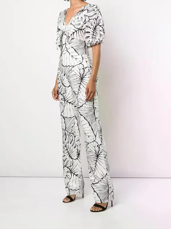 Marchesa White Linen-blend Leaf-print Jumpsuit