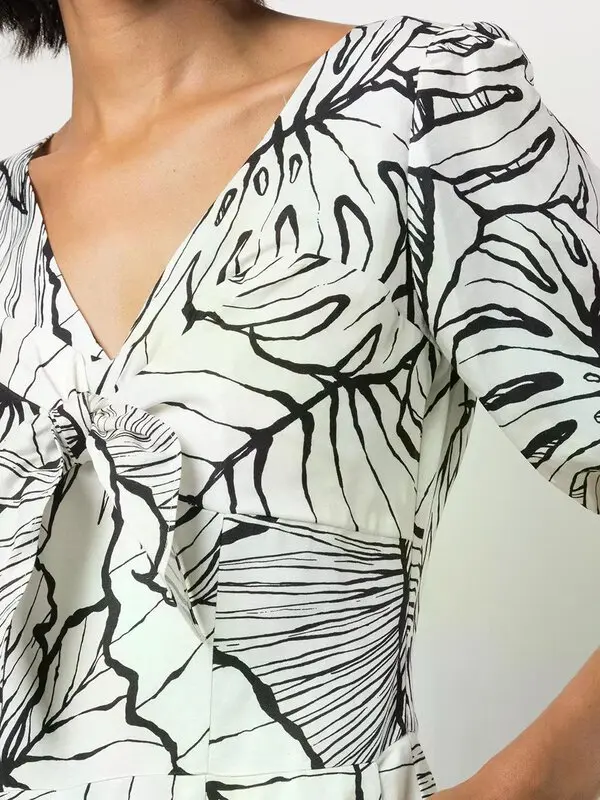 Marchesa White Linen-blend Leaf-print Jumpsuit