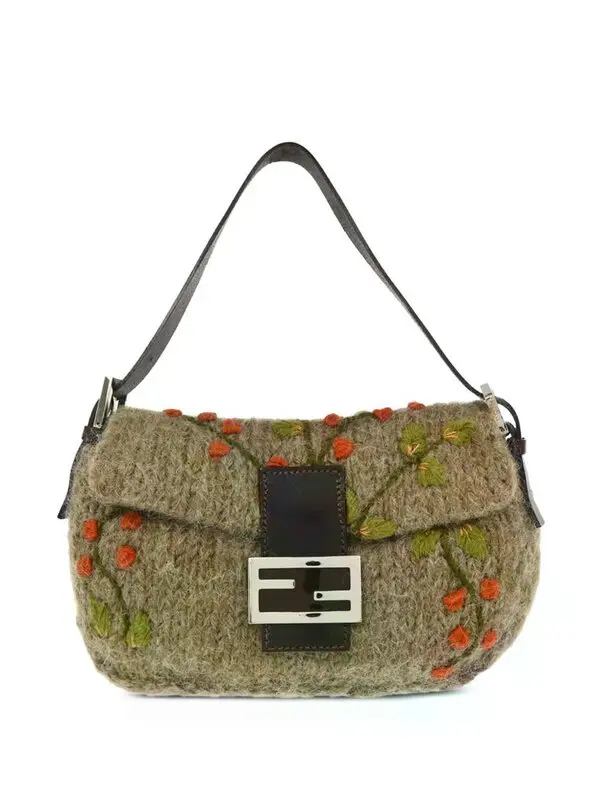 Fendi Floral Embroidered Baguette Shoulder Bag - Neutrals