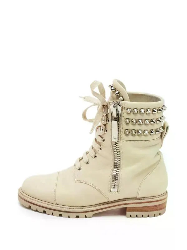 CHRISTIAN LOUBOUTIN Cream Leather Spike Embellished Lace-up Combat Boots