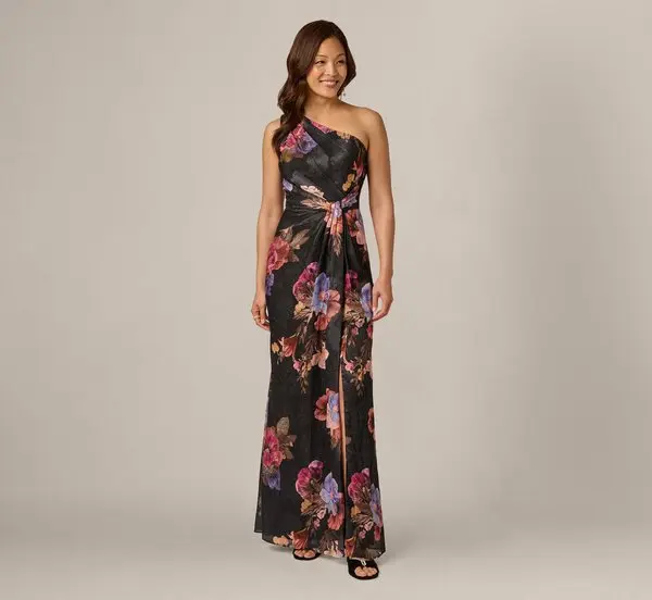 Adrianna Papell One Shoulder Knot Waist Floral Chiffon Gown - Black Multi