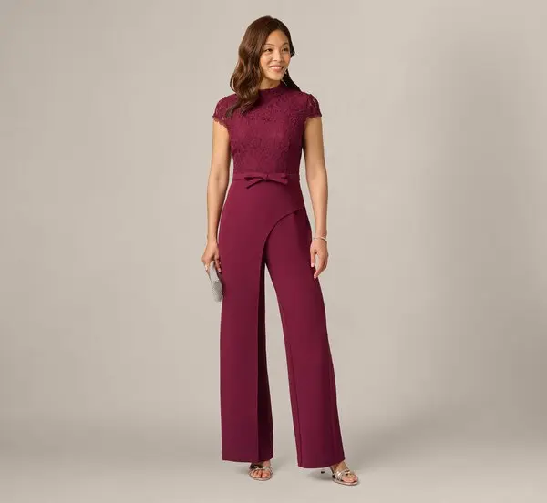 Adrianna Papell Cap Sleeve Lace Jumpsuit With Bow Detail And Wide Leg - Cabernet