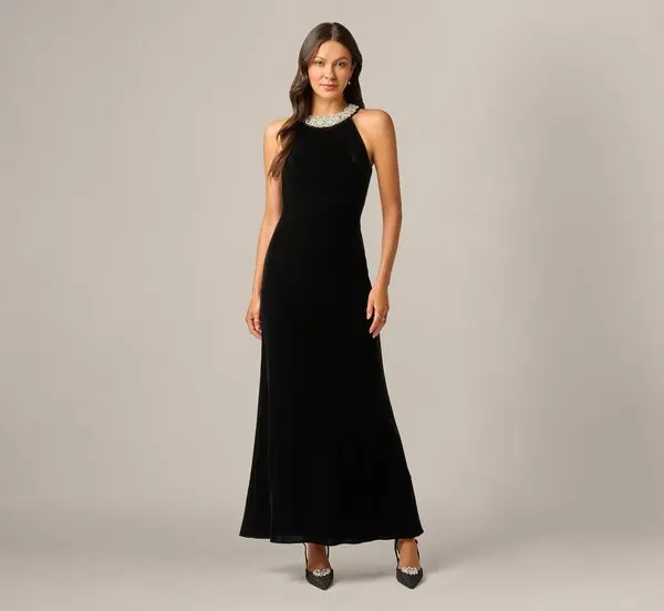 Adrianna Papell Pearly Collar Velvet Halter Gown - Black