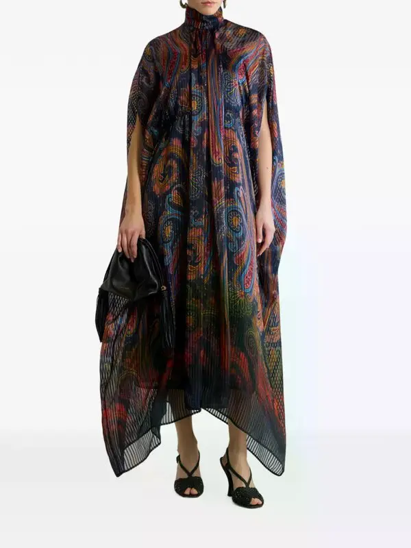 Etro Long Silk Dress With Cape And Degradé Paisley Motif - Blue