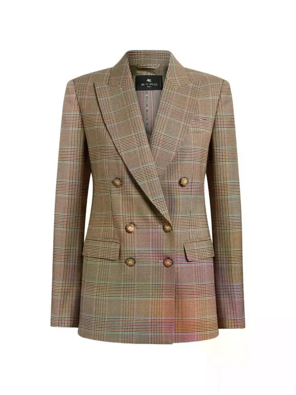 Etro Double-breasted Prince Of Wales Motif Stretch-wool Jacket - Neutrals