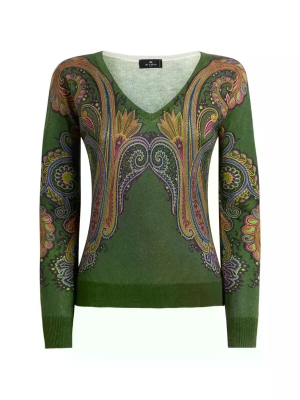 Etro Silk And Cashmere V-neck Sweater With Paisley Print - Green