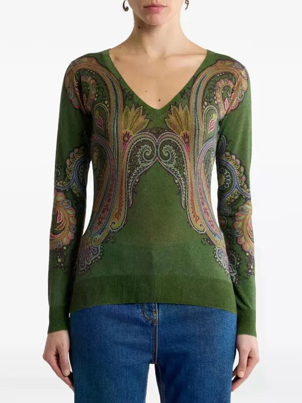 Etro Silk And Cashmere V-neck Sweater With Paisley Print