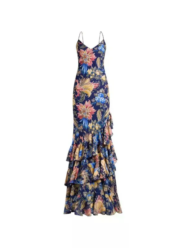 Etro Long Seersucker Floral Dress With Ruffles - Blue