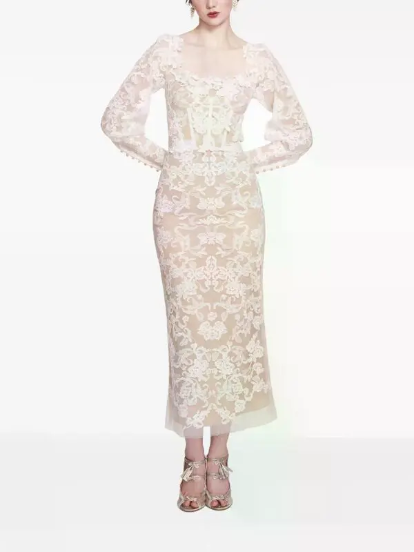 Marchesa Long-sleeve Corded Lace Maxi Dress - White
