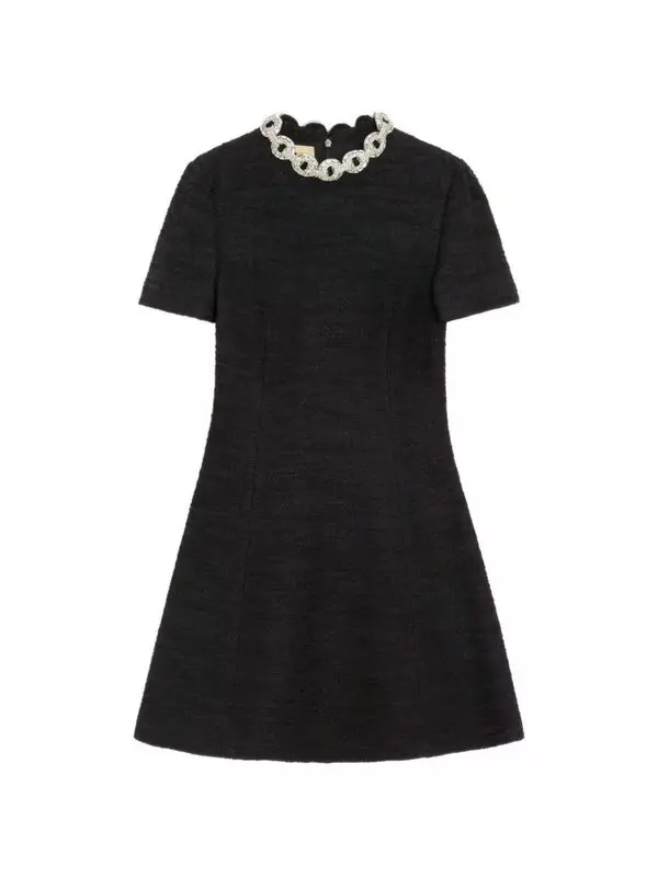 Valentino Garavani Embroidered Crinkle Cotton Tweed Short Dress - Black