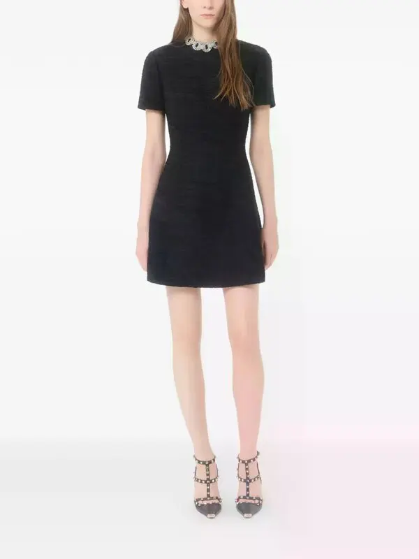 Valentino Garavani Embroidered Crinkle Cotton Tweed Short Dress - Black