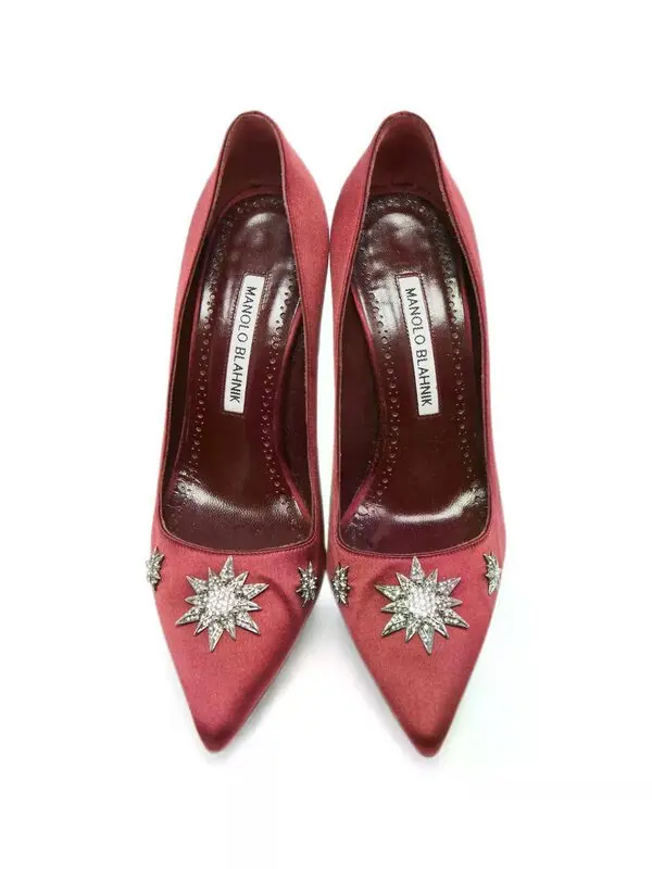 Manolo Blahnik Burgundy Satin Star Embellished Stiletto Pumps