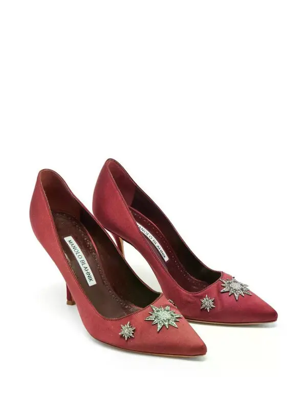 Manolo Blahnik Burgundy Satin Star Embellished Stiletto Pumps
